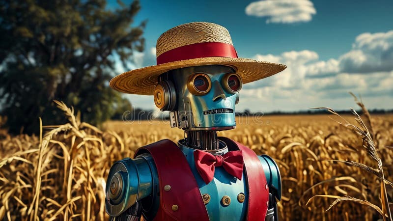 A Straw Hat Robot in a Rural Field Stock Video - Video of wheat ...