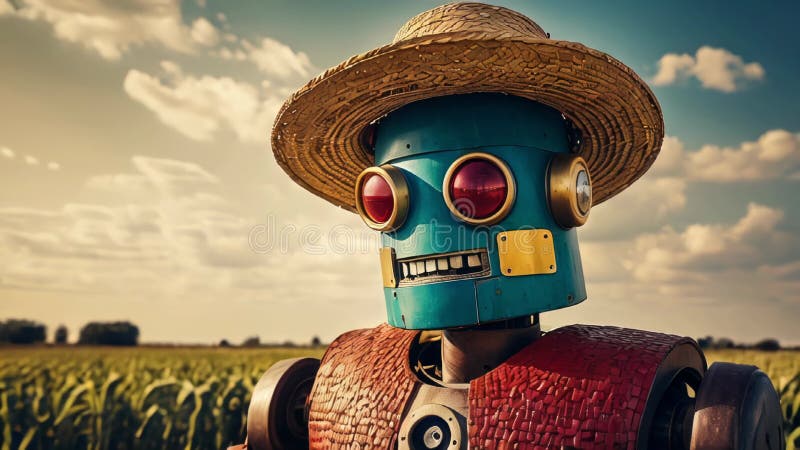 A Straw Hat Robot in a Rural Field Stock Footage - Video of barn, metal ...