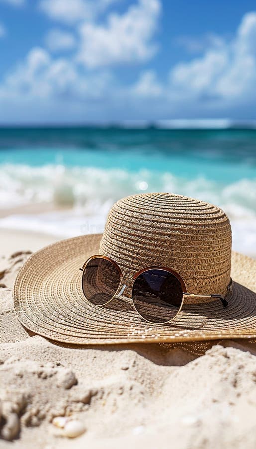 Straw Hat and Round Sunglasses on Sandy Beach with Turquoise Ocean ...