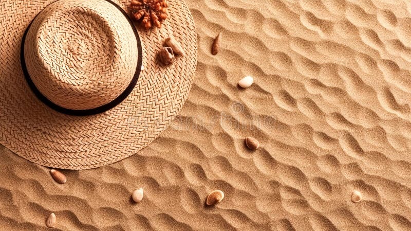 Straw Hat on the Sand, Top View, Generative AI. Stock Image - Image of ...