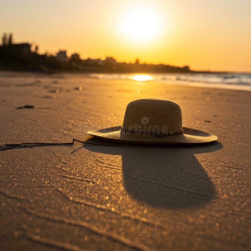 Straw Hat on Sandy Beach at Sunset Stock Illustration - Illustration of ...