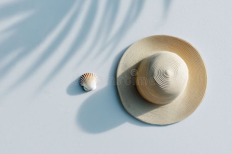 Straw Hat and Seashell on a Light Blue Surface with Soft Palm Shadows Stock Image - Image of ...
