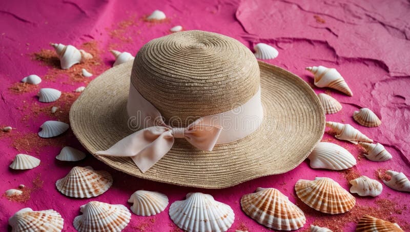 Straw Hat and Seashells on Pink Textured Surface Stock Photo - Image of ...