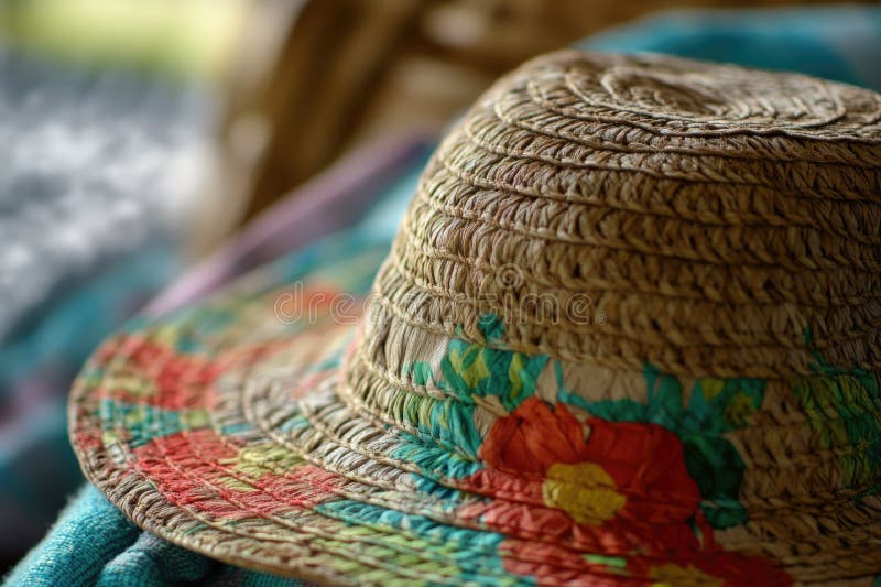 A Straw Hat Sits Atop a Blue Blanket, Simple and Inviting Stock Photo ...