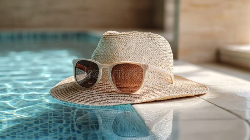 Straw Hat with Sunglasses Reflecting by Poolside Water on Sunny Day ...