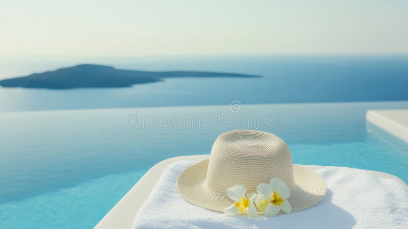 Straw Hat on Towel by Infinity Pool with Ocean View Stock Illustration ...