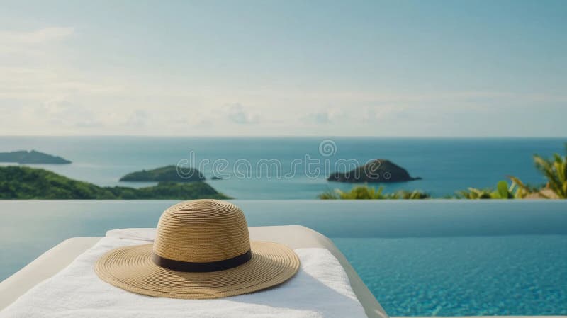 Straw Hat on Towel by Infinity Pool Overlooking Ocean Stock ...