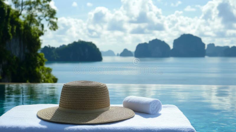 Straw Hat and Towel by Infinity Pool Overlooking Tropical Ocean Stock ...