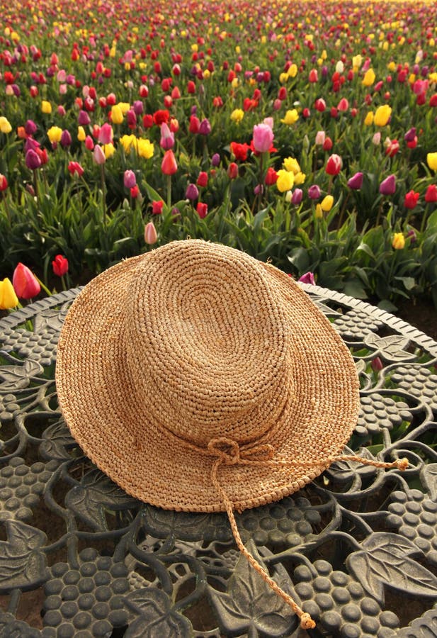 Straw Hat and Tulip Flowers Stock Image - Image of growing, nursery ...