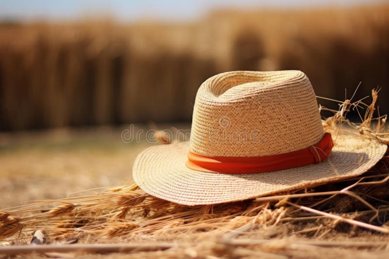 Straw Hat on Wheat Field at Sunset Stock Illustration - Illustration of ...