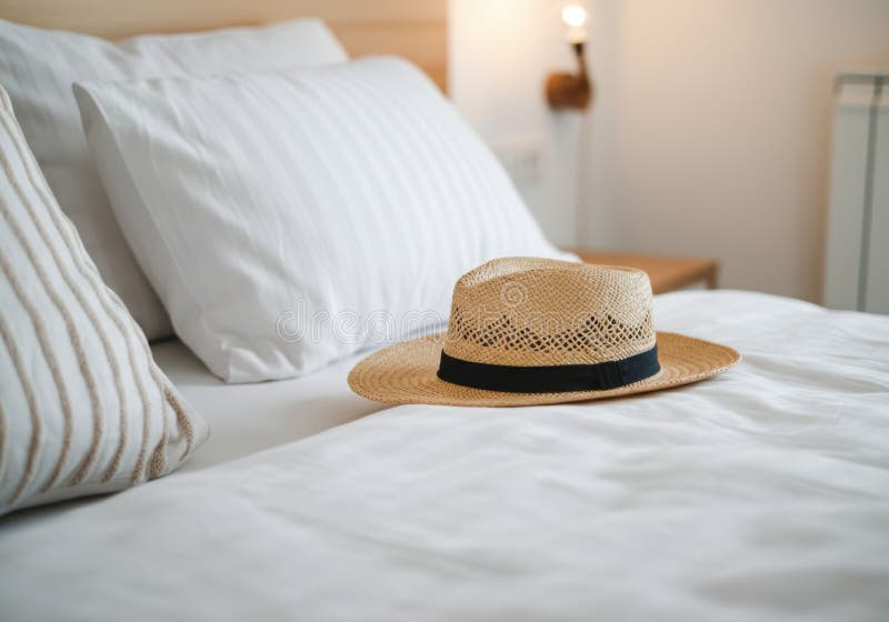 Straw Hat White Bed Pillows Cozy Bedroom Stock Photos - Free & Royalty ...