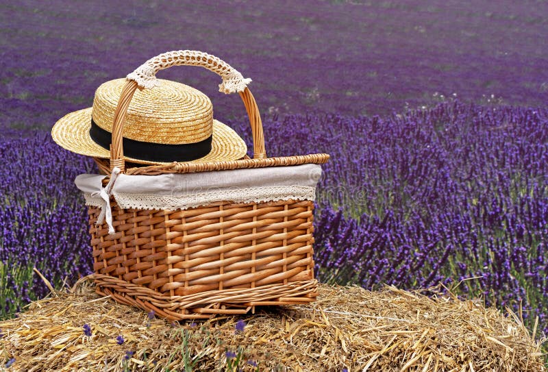 Straw Hat and Wicker Basket on Hay. Rustic Design for Design and ...