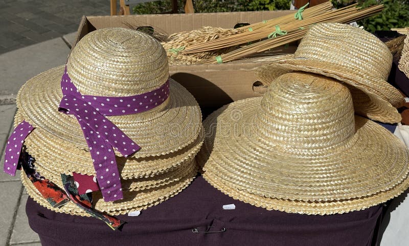 Straw Hats on a Table Outdoor Stock Image - Image of hats, table: 337133219
