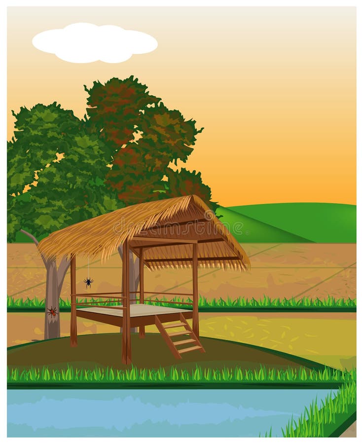Straw hut in paddy field stock vector. Illustration of mountain - 121984671