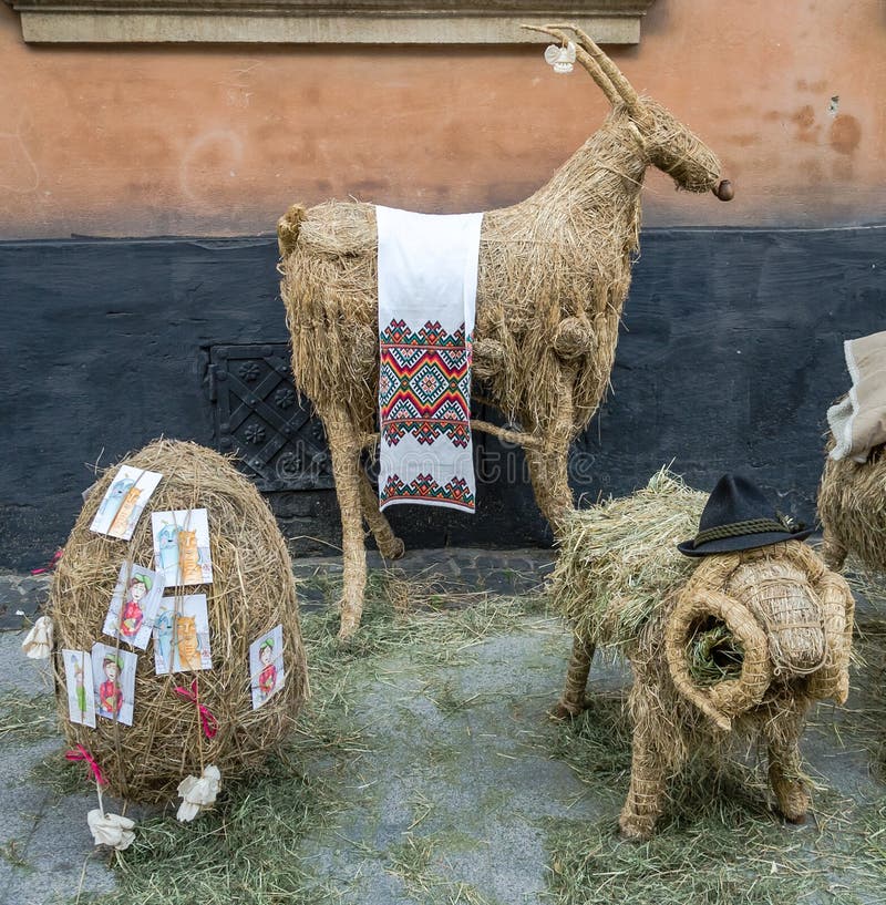 Straw Lamb, Goat and Egg on Display in the City Stock Photo - Image of ...