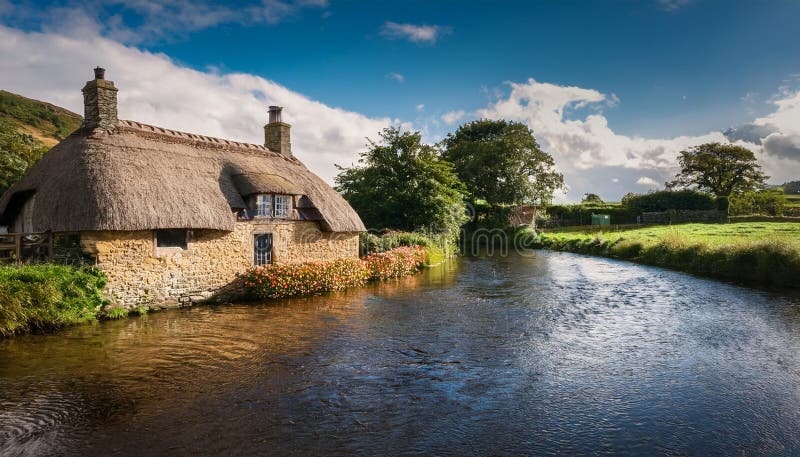Straw-roof Stone Cottage by a River in the UK, AI Generated Stock ...