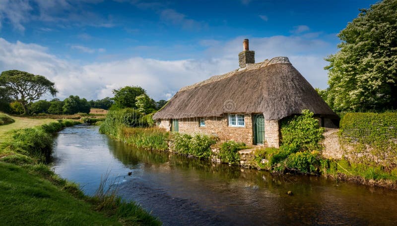 Straw-roof Stone Cottage by a River in the UK, AI Generated Stock ...