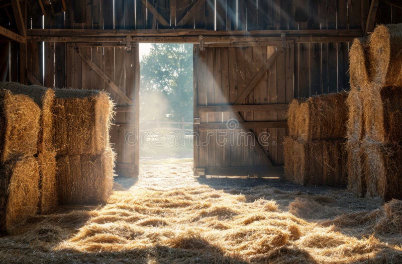 Straw is Scattered in the Barn with Sunlight Shining through the Open ...