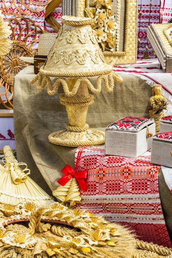 Straw Table Lamp on Linen Cloth among Straw Products. Stock Photo ...
