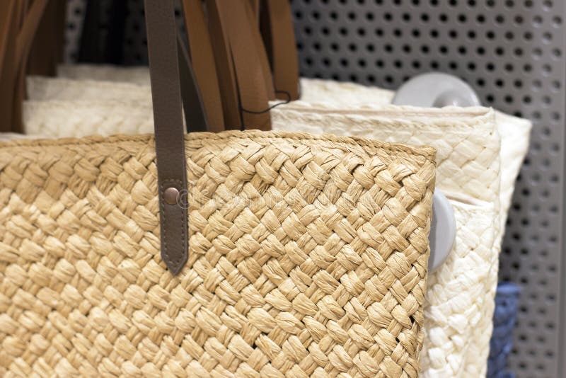 Straw Trend Bags Close-up in the Store, Front View Stock Image - Image ...