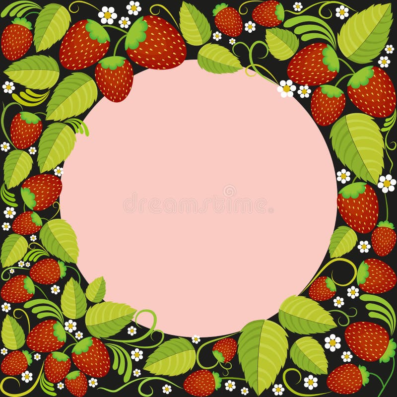 Strawberries Background with Leaves, Berries and Flowers in Round Frame ...