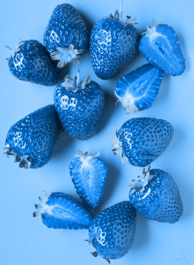 Background of Strawberries Closeup in the 2020 Color Trend. Blue ...
