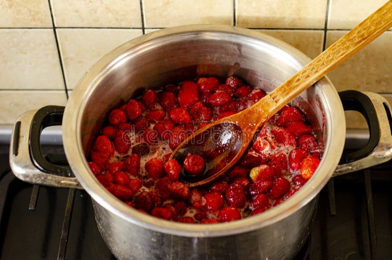 Strawberries are Boiled with Sugar in Pan Stock Image - Image of ...