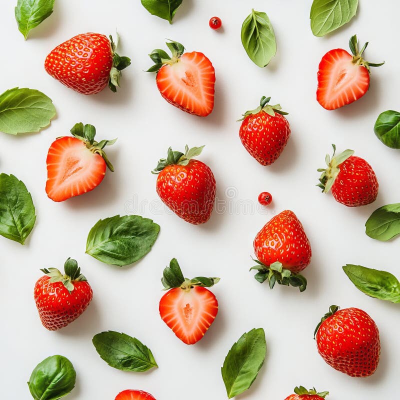 Strawberries, Both Sliced and Whole, on a White Background, Seen from ...