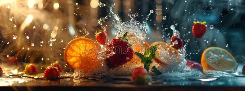 Strawberries and Citrus Fruits in a Dynamic Water Splash Stock Photo ...