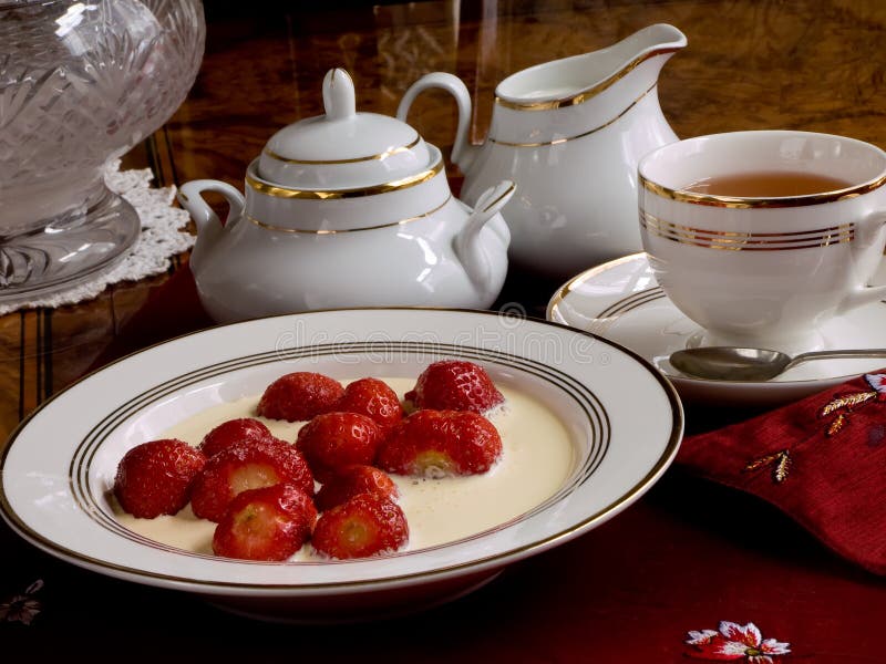 Strawberries with Cream and Tea. Stock Image - Image of cream, dessert ...