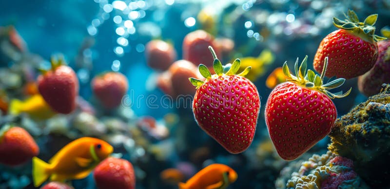 Strawberries Drift among Colorful Fish and Coral in a Vibrant ...
