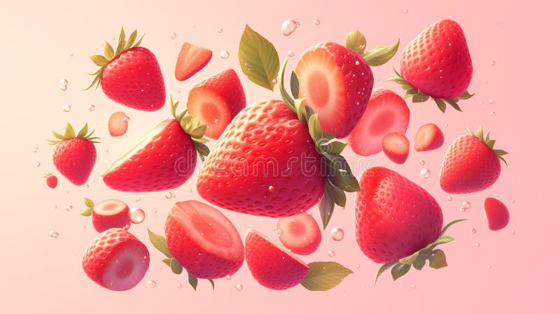 Strawberries Fall in Motion on a Light Pink Background. AI Generated ...