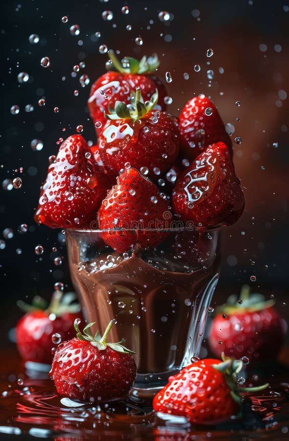 Strawberries Falling into Glass Cup with Chocolate and Water Stock ...