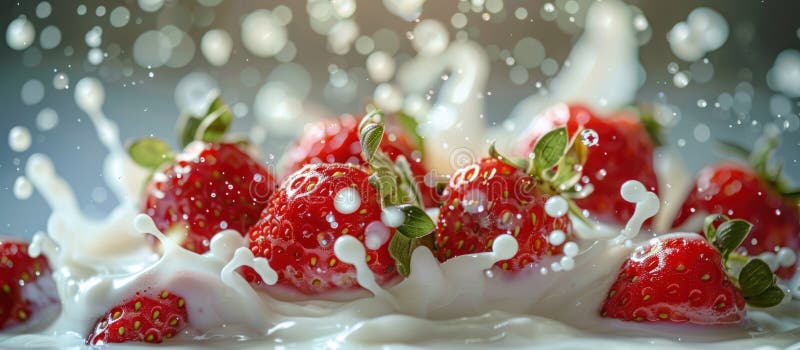 Strawberries Falling into Milk with Splashes Stock Photo - Image of ...