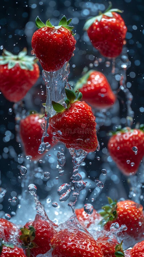 Strawberries Floating in Mid-air with Water Splashing, Against a Dark ...