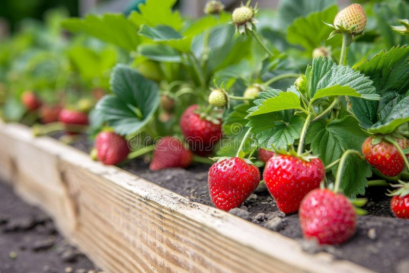 Strawberries Grow in the Garden in a Raised Bed Stock Illustration ...