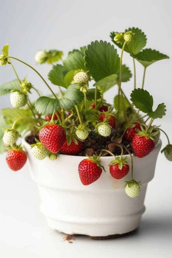 Strawberries Growing in White Pot on White Background. Generative AI ...