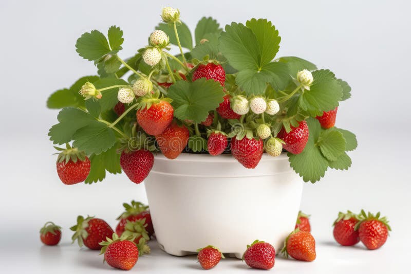 Strawberries Growing in White Pot on White Background. Generative AI ...