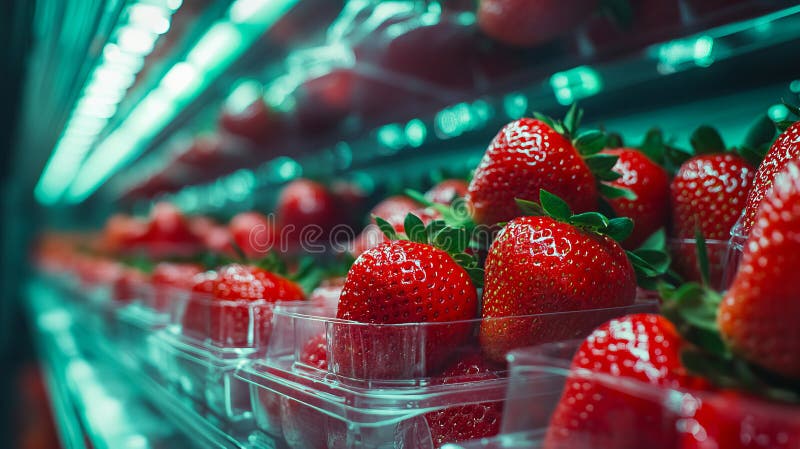 Strawberries in Plastic Containers on a Shelf in a Grocery Store Stock ...