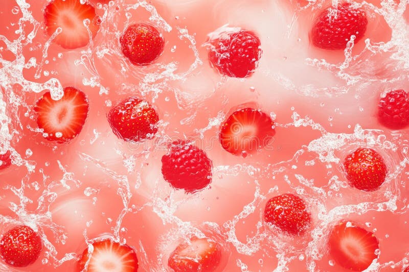 Fresh Strawberries and Raspberries Splash into a Vibrant Background ...