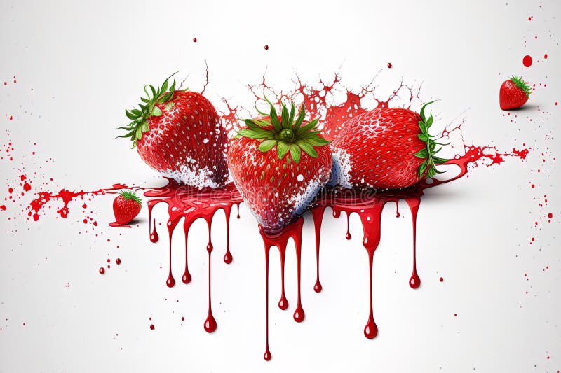 Strawberries with Red Juice Splatters on a White Background Stock ...