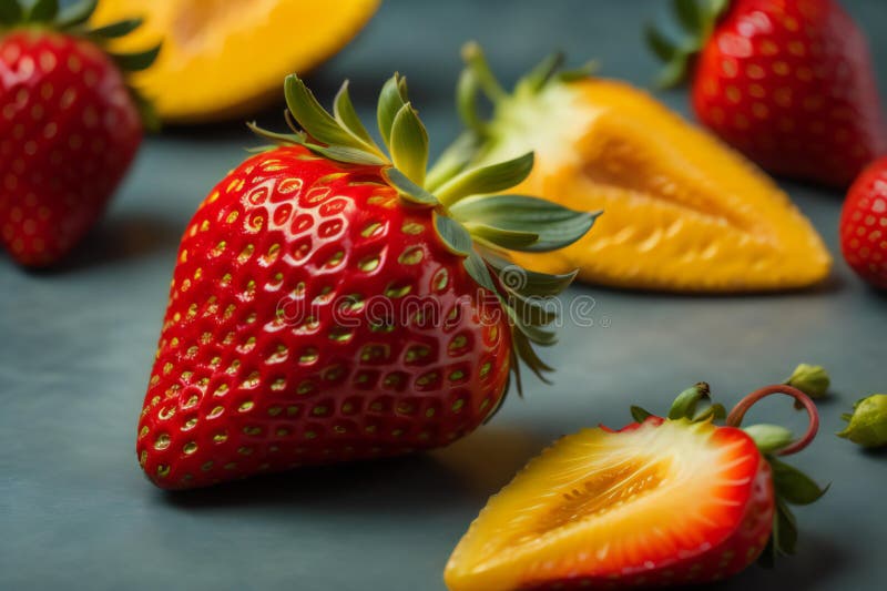 Strawberries and Slices of Orange on a Dark Blue Background. Generative ...