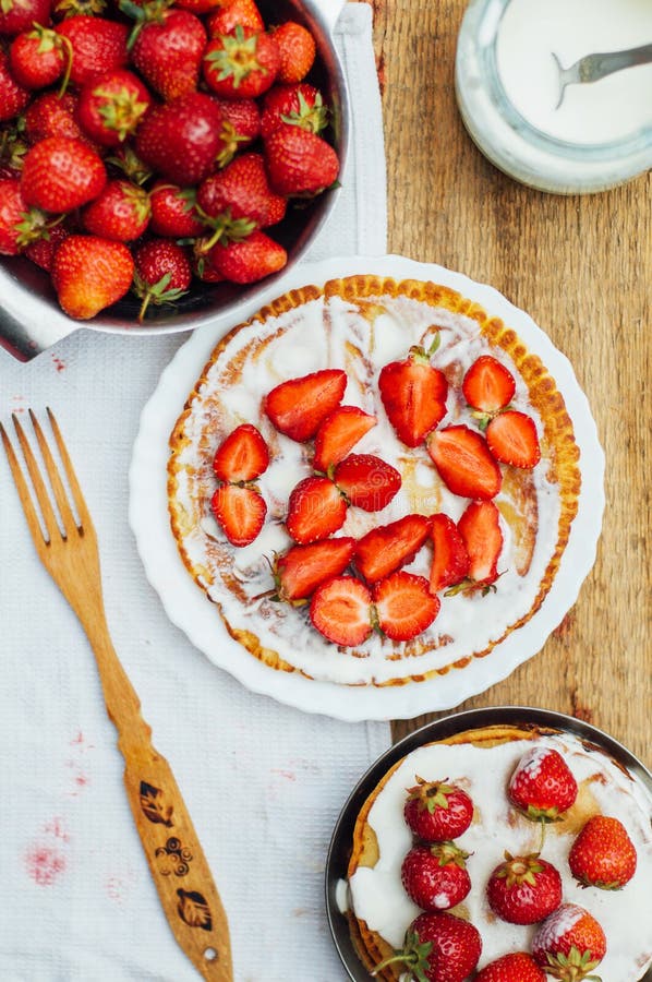 Strawberries and Whipped Cream for Dessert. Pancakes with Stra Stock ...