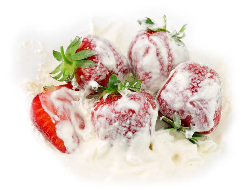 Strawberries with Whipped Cream Isolated on the White Background Stock ...