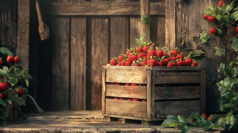 Strawberries in Wooden Crate at Farm Stand. Stock Photo - Image of ...