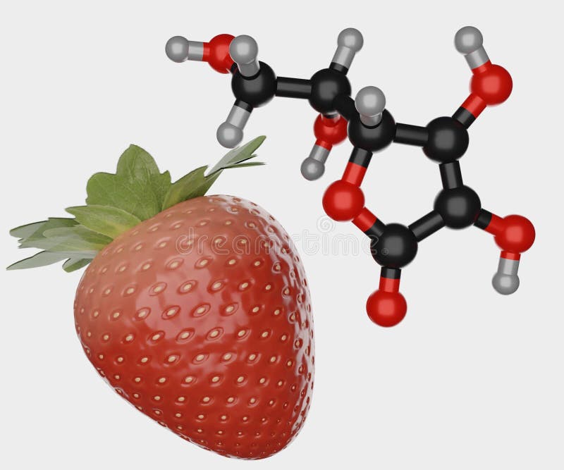 Strawberry with Ascorbic Acid or Vitamin C Molecule 3d Rendering Stock ...