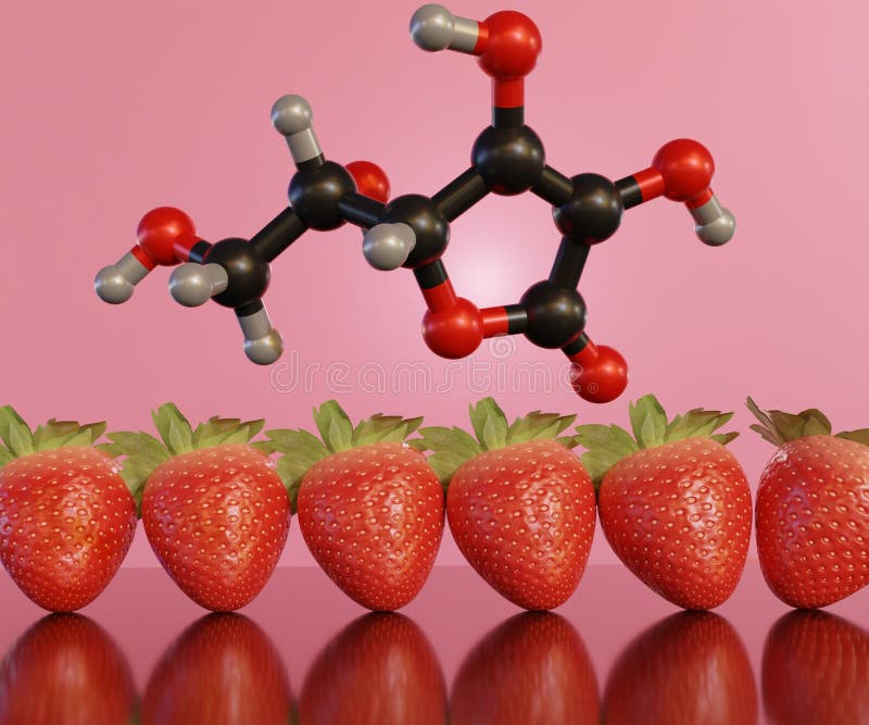 Strawberry with Ascorbic Acid or Vitamin C Molecule 3d Rendering Stock ...