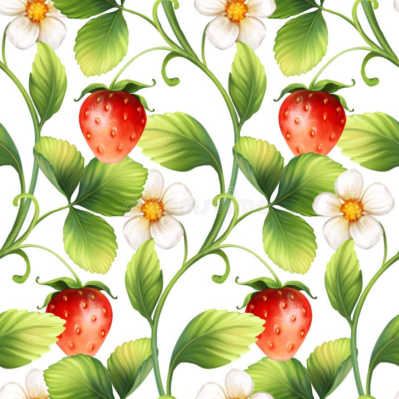 Strawberry Background with Flowers, Wild Berries, Leaves. Seamless ...
