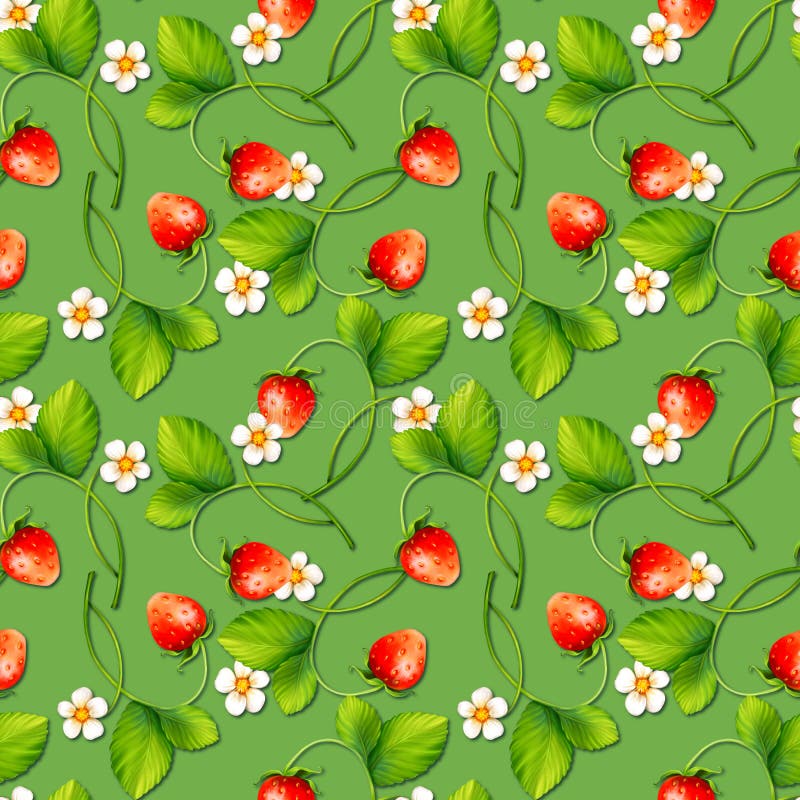 Strawberry Background with Flowers, Wild Berries, Leaves. Seamless ...