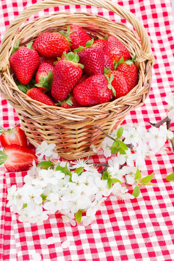 Strawberry in Basket and Spring Flowers Stock Image - Image of food ...